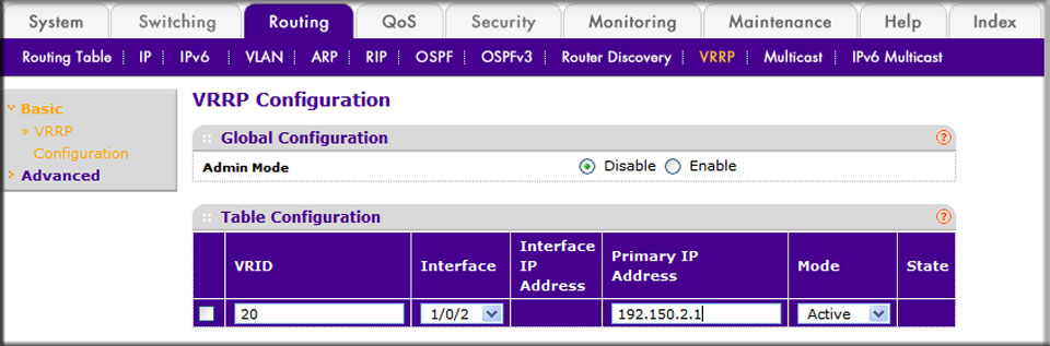 How do I configure the Virtual Router Redundancy Protocol (VRRP) on a master router using the ...